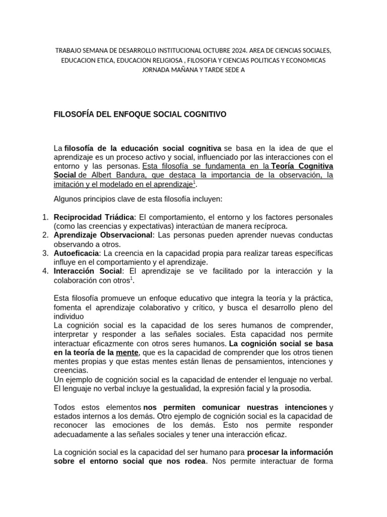 Filosofía Del Enfoque Social Cognitivo | PDF | Comportamiento | Aprendizaje