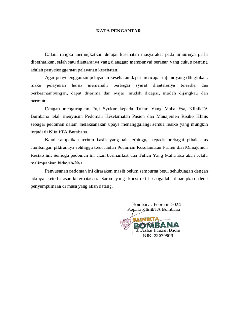Pedoman Keselamatan Pasien Klinikta Bombana Pdf Kesehatan Holistik