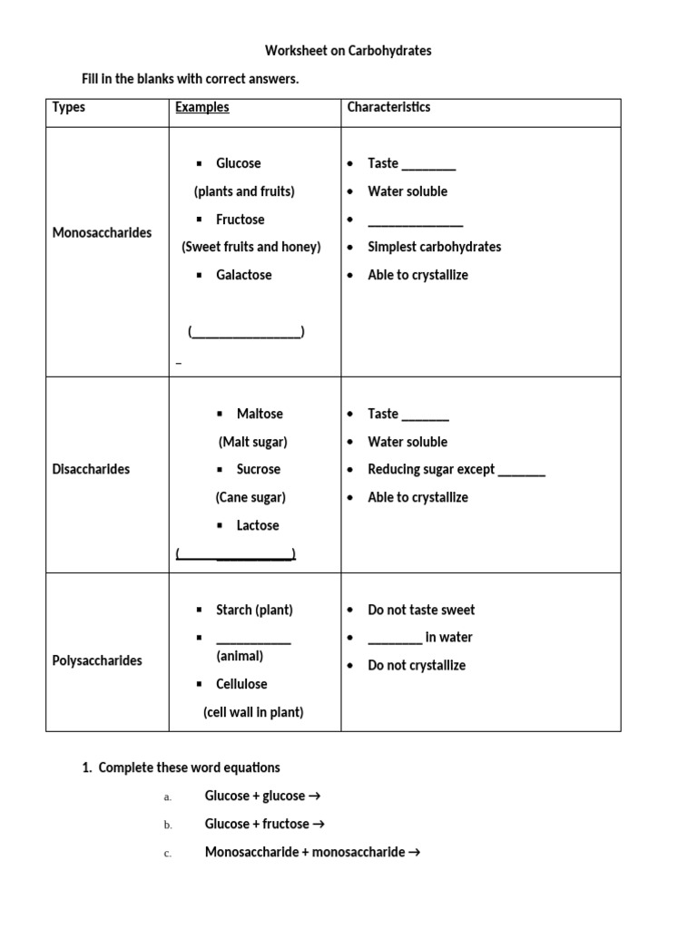 Worksheet On Carbohydrates | PDF | Carbohydrates | Glucose