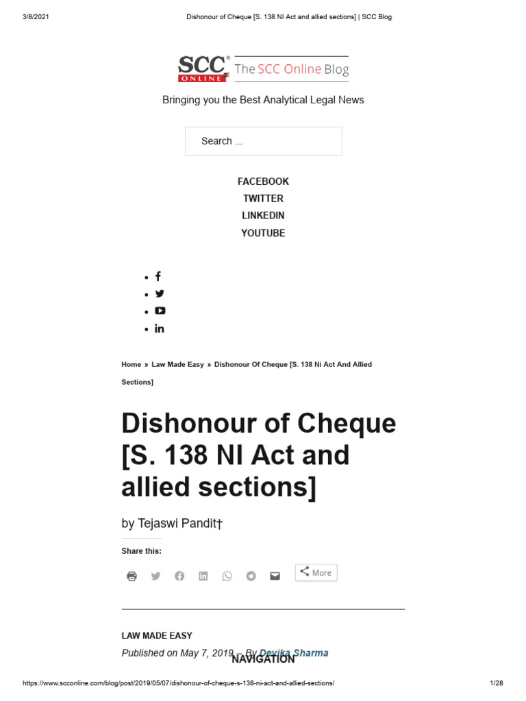 Dishonour of Cheque (S. 138 NI Act and Allied Sections) - SCC Blog ...