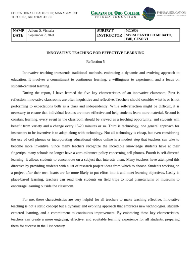Reflection 5 - VICTORIA | PDF | Learning | Teachers