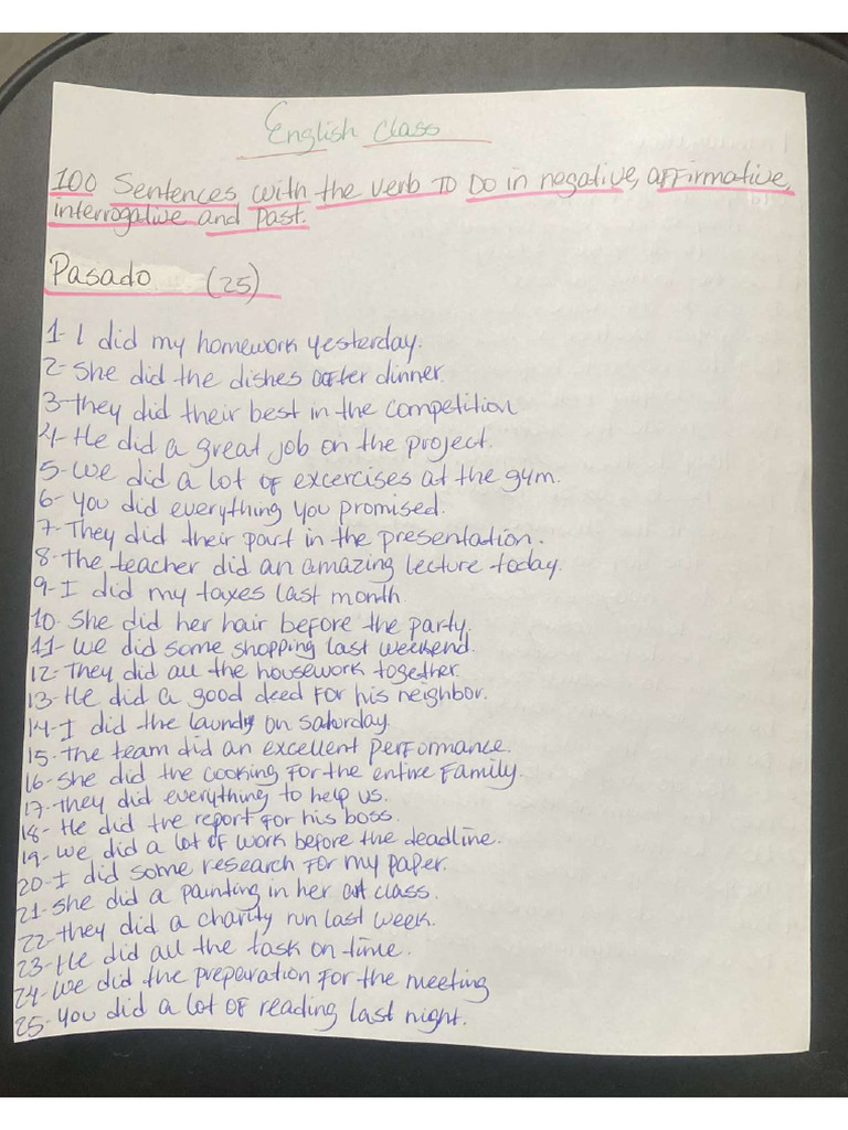 100 Sentences With The Verb To Do, in Past, Affirmative, Negative and ...