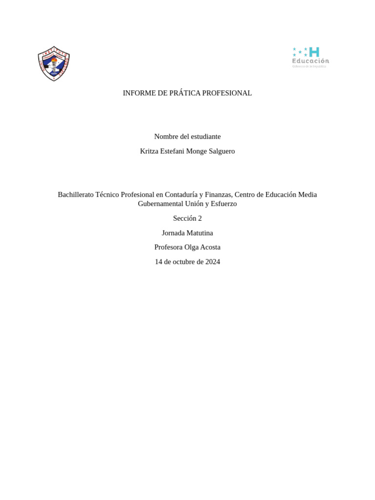 MODELO DE PRESENTACIÓN DE INFORME DE PRÁTICA PROFESIONAL (1) | PDF ...