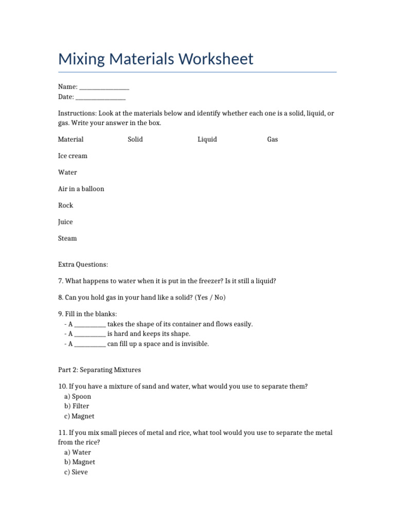 Grade 3 Mixing Materials Worksheet | PDF | Water | Mixture