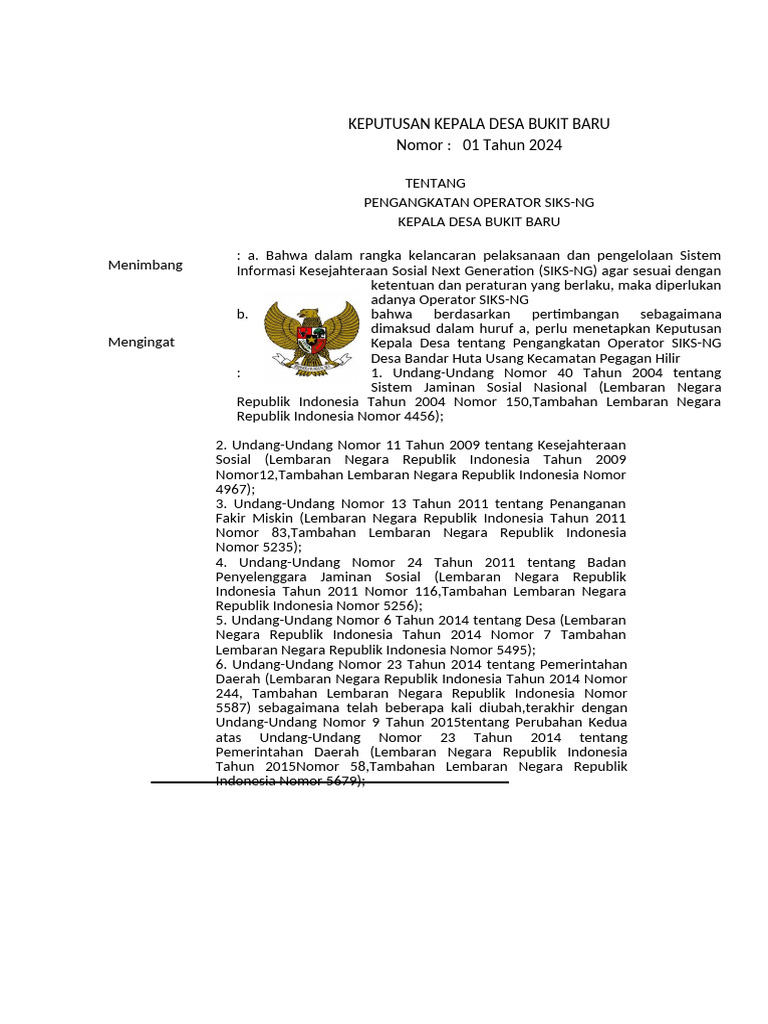 Contoh SK Operator Desa Bukit Baru | PDF