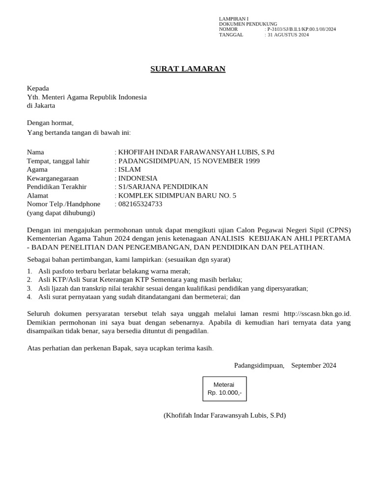 Surat Lamaran CPNS Kementerian Agama 2024 | PDF