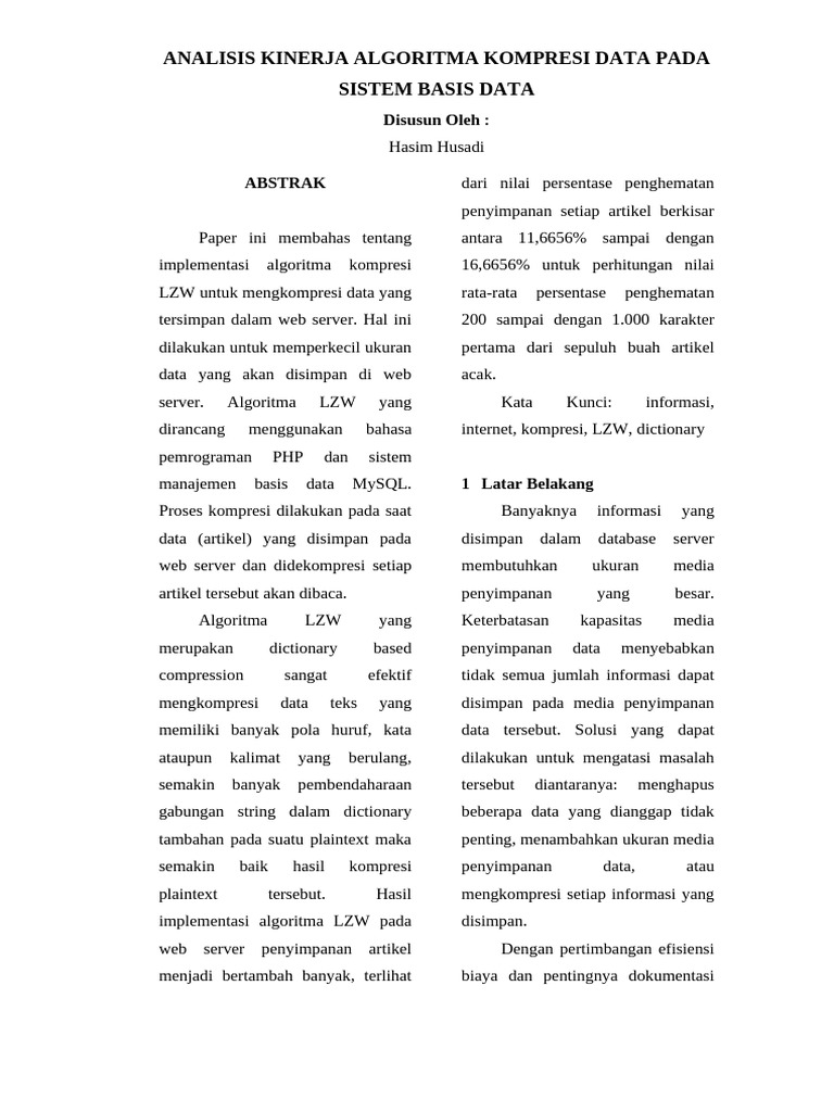 Analisis Kinerja Algoritma Kompresi Data Pada Sistem Basis Data | PDF