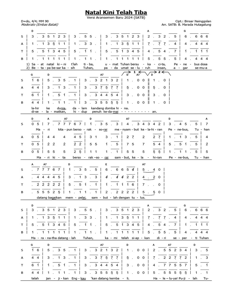 Partitur Koor - Natal Kini Telah Tiba - (SATB-TTBB-SSA) | PDF