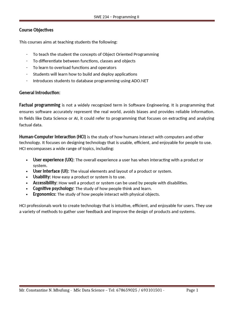 Lecture 1 - SWE 234 - Progaramming II | PDF | C++ | Object Oriented Programming