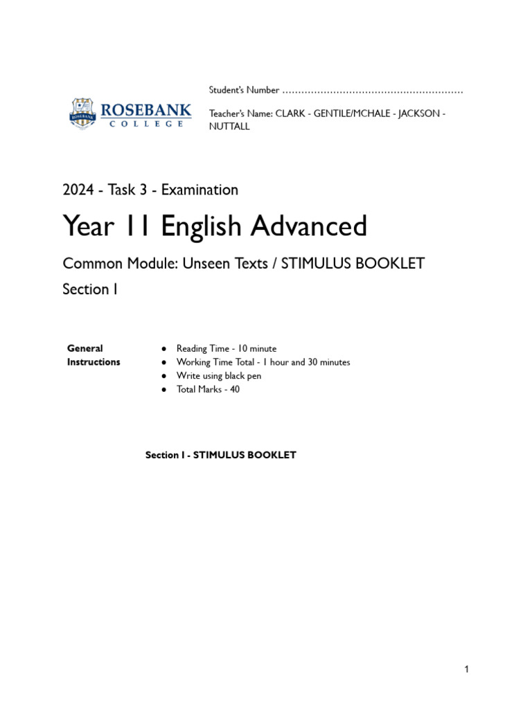FINAL Year 11 ADV Task 3 (Examination SECTION I - STIMULUS BOOKLET ...
