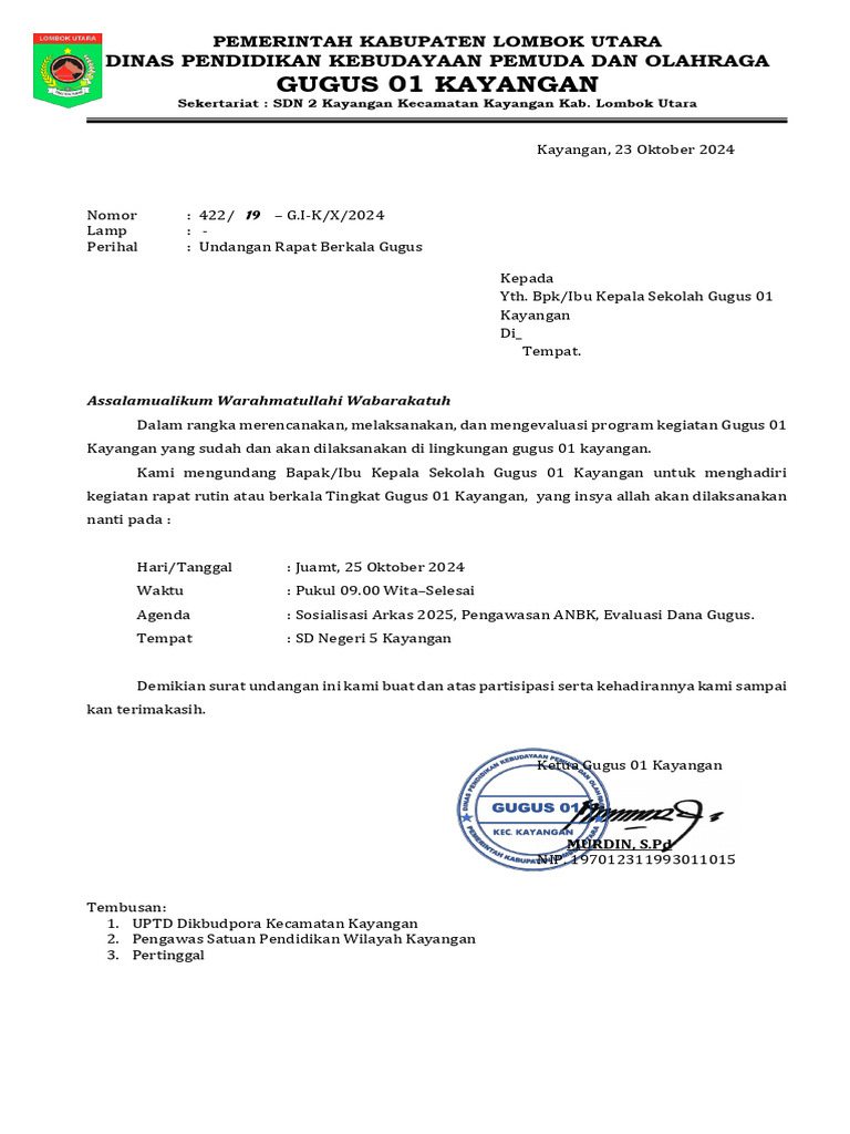 Surat Undangan Rapat Gugus | PDF