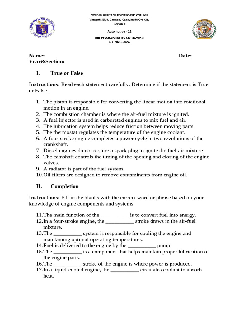 Questionnaire for Engine Fundamentals | PDF | Internal Combustion ...