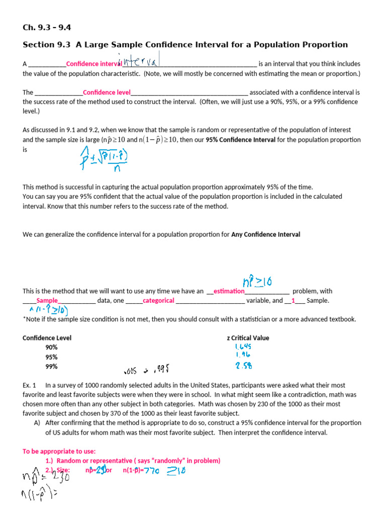Stat 281 Noteguide for Ch. 9.3-9.4 F24 | PDF | Sample Size Determination | Confidence Interval