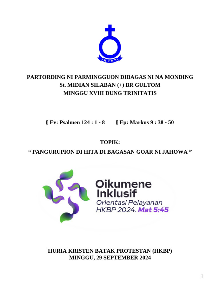 MINGGU XVIII Dung Trinitatis, 29 September 2024 (Bahasa - Batak) | PDF