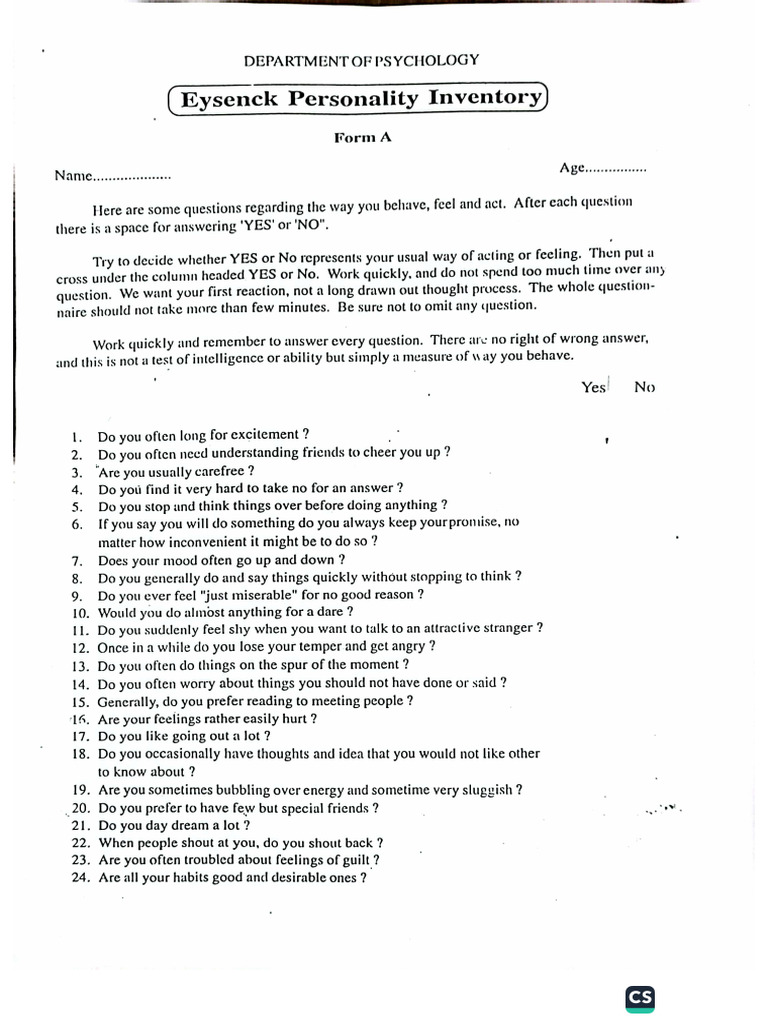 Eysenck Personality Inventory | PDF