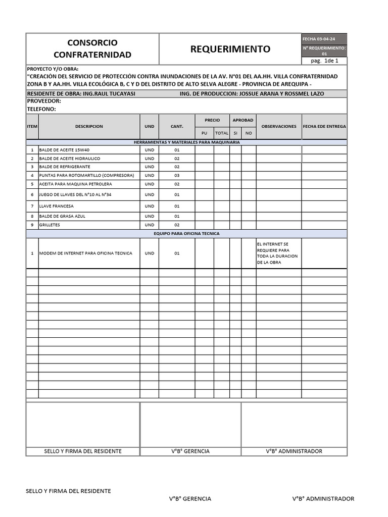 Req. Materiales (Villa Confraternidad) - Gasto Comun | PDF