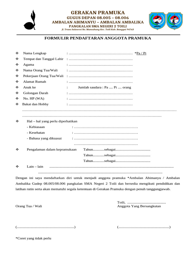 Formulir Pendaftaran Anggota Gerakan Pramuka | PDF | Memasak, Makanan ...
