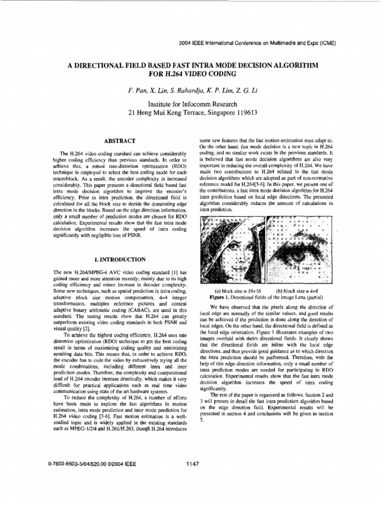 A Directional Field-Based Fast Intra Mode Decision Algorithm For Video Coding | PDF | Data ...