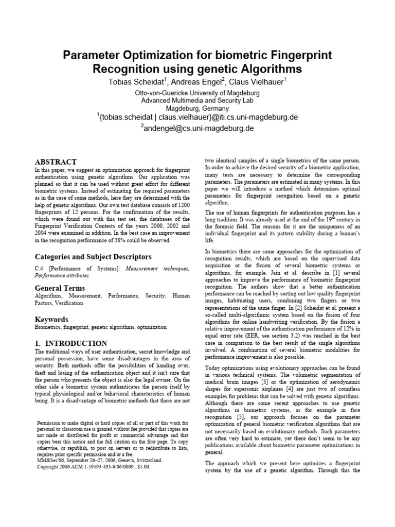 Parameter Optimization For Biometric Fingerprint Using Genetic Algorithm | PDF | Fingerprint ...