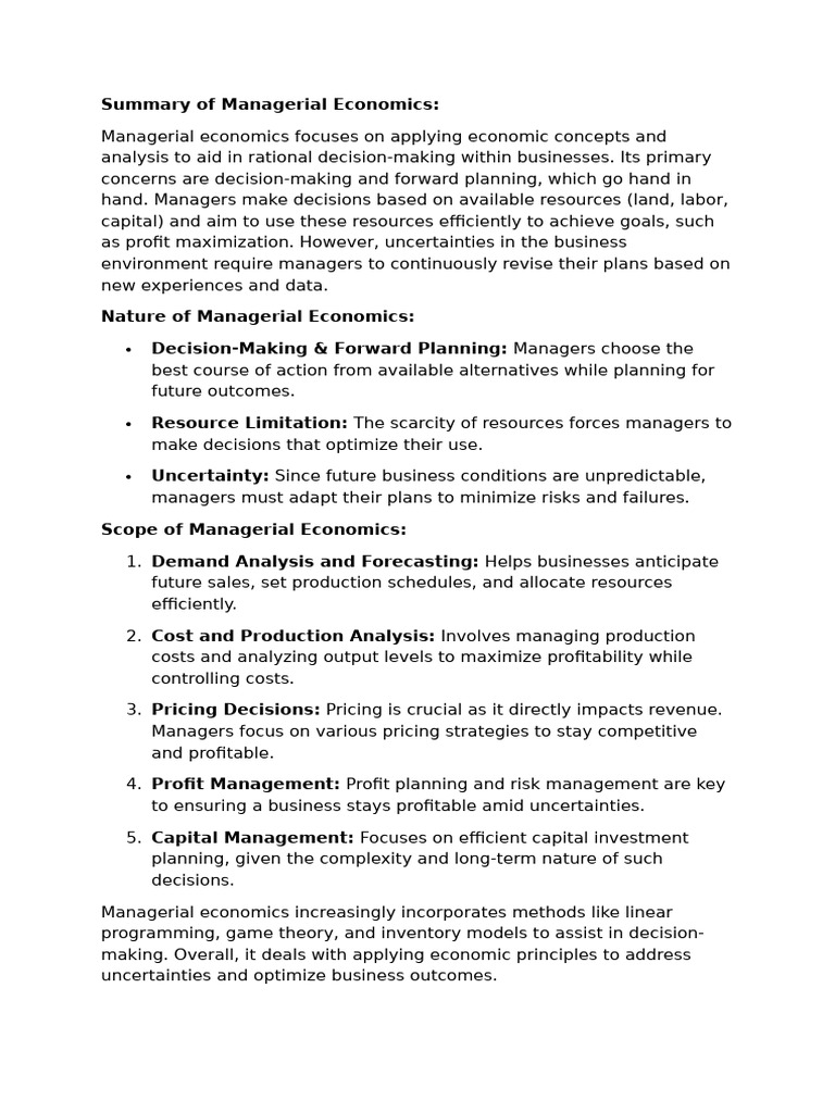 Summary of Managerial Economics | PDF | Elasticity (Economics) | Demand