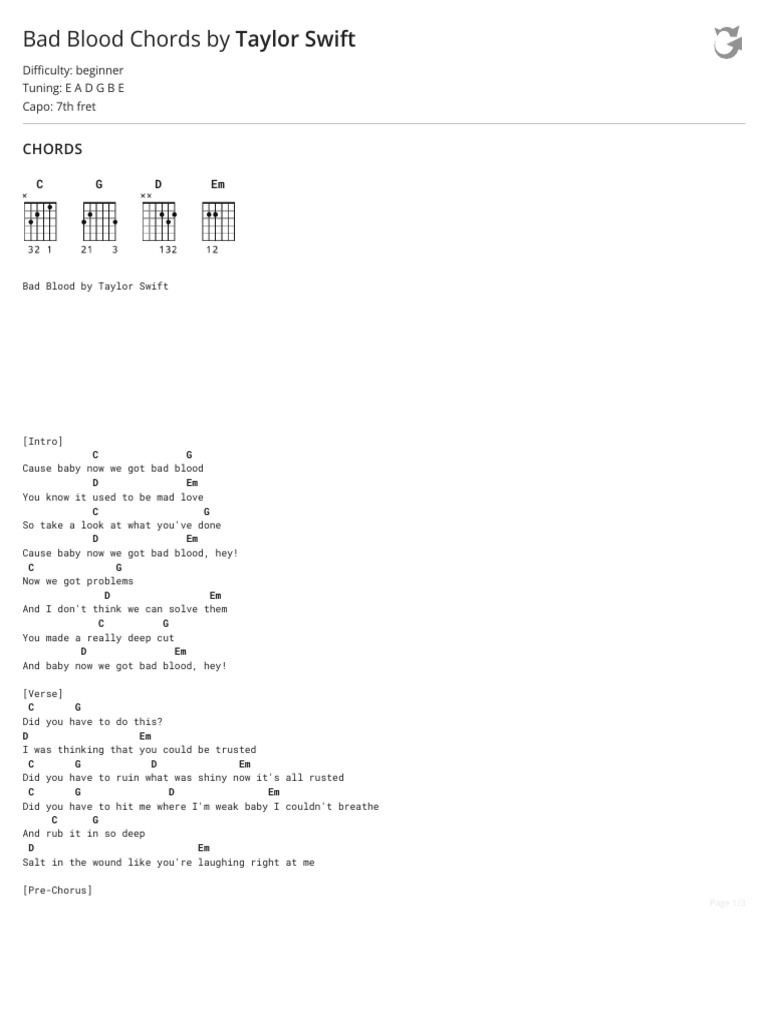 Bad Blood Chords by Taylor Swifttabs @ Ultimate Guitar Archive | PDF ...