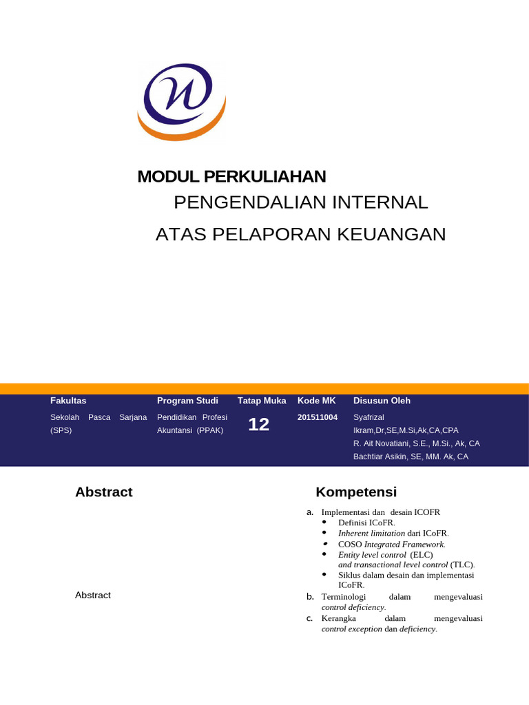 MODUL 12 - PENGENDALIAN INTERNAL ATAS PELAPORAN KEUANGAN (BAG.1) | PDF