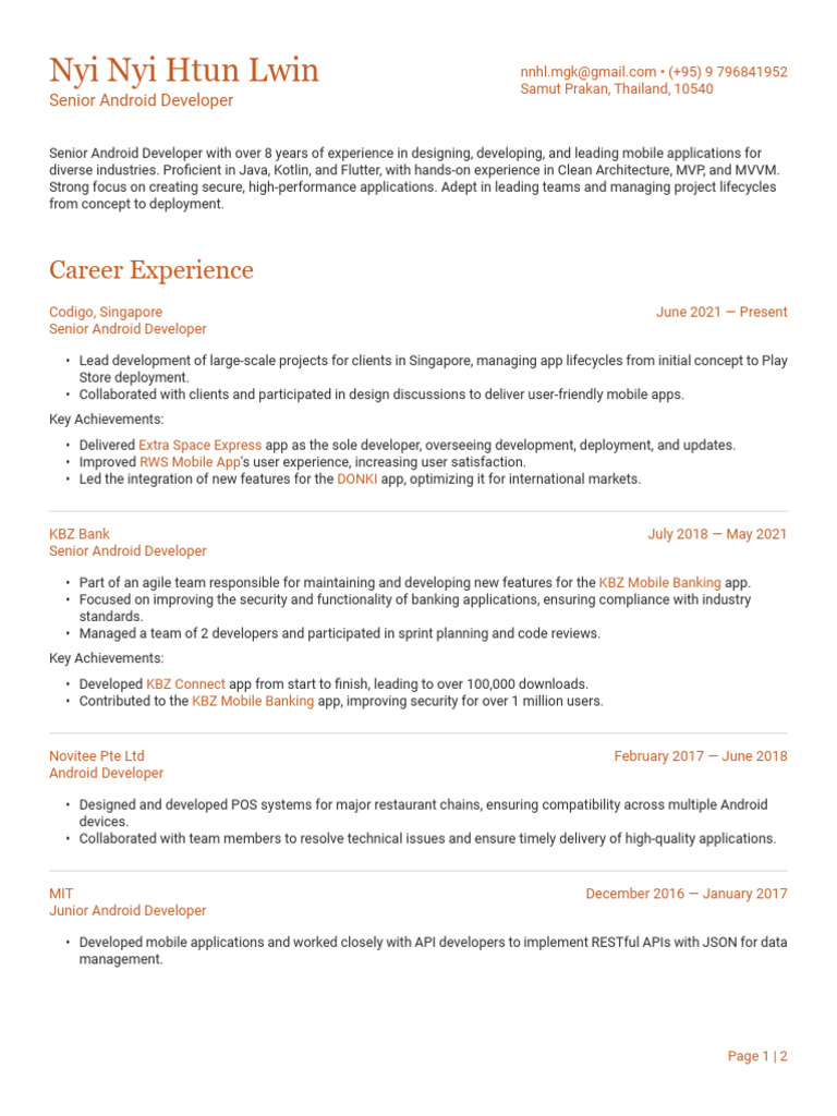 Nyi Nyi Htun Lwin - Senior Android Developer | PDF | Mobile App | Android (Operating System)
