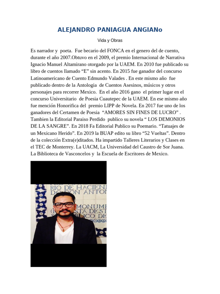 ALEJANDRO PANIAGUA ANGIANO Resumen Vida y Obra | PDF | Clásicos | Ficción general