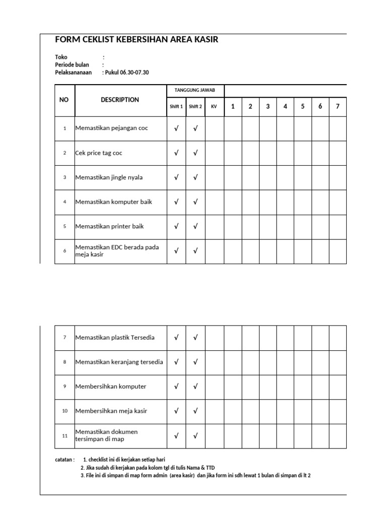 Format Form Ceklist Kebersihan PFM - Juli 2020 | PDF