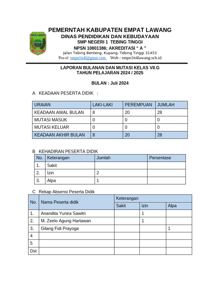 Laporan Bulanan Wali Kelas Juli 2024 FIX | PDF