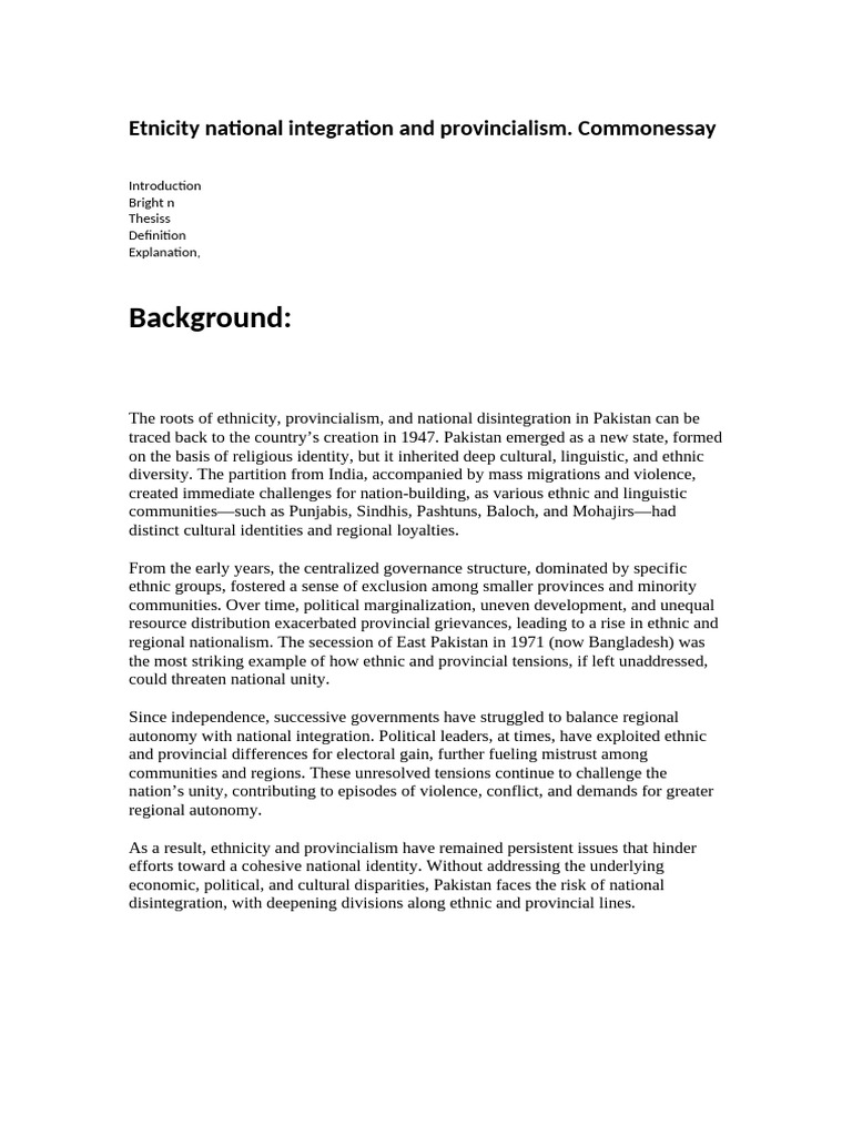 Etnicity National Integration and Provincialism | PDF | Pakistan ...