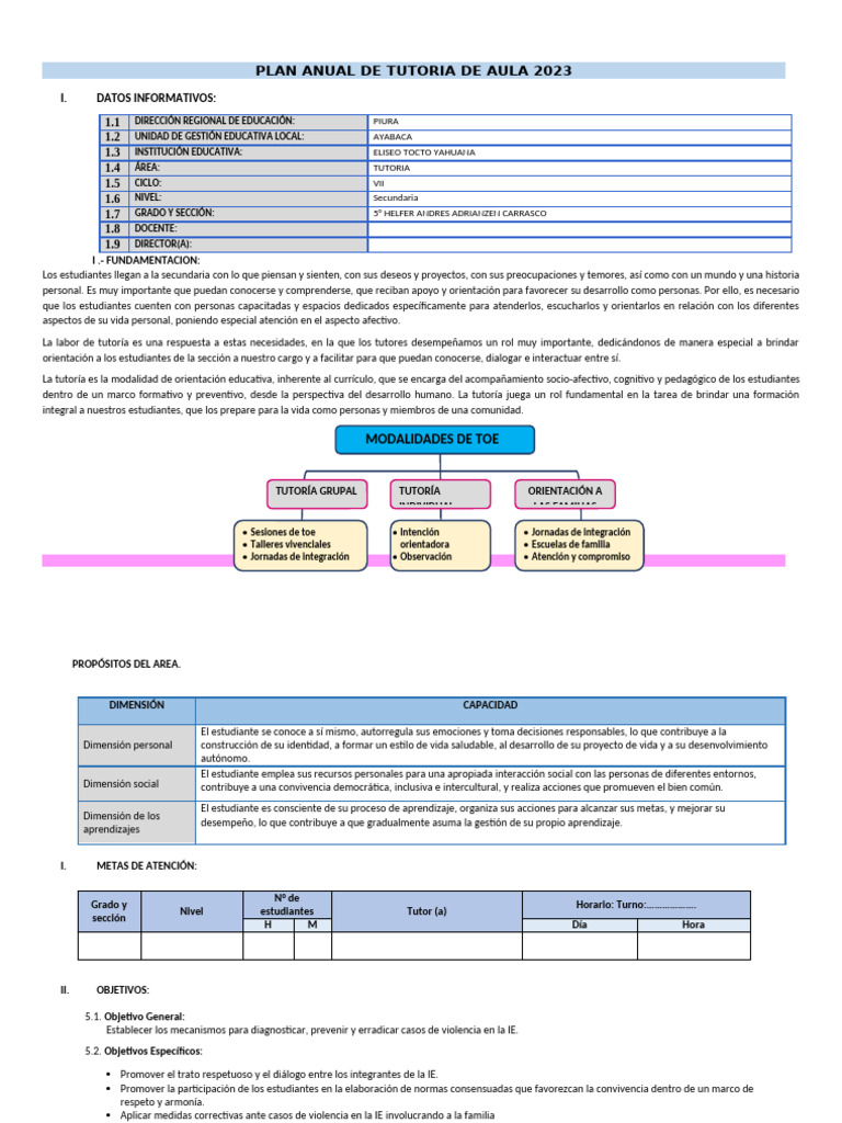 5º Plan Anual Tutoria 5° Sec 2023 | PDF | Evaluación | Empatía
