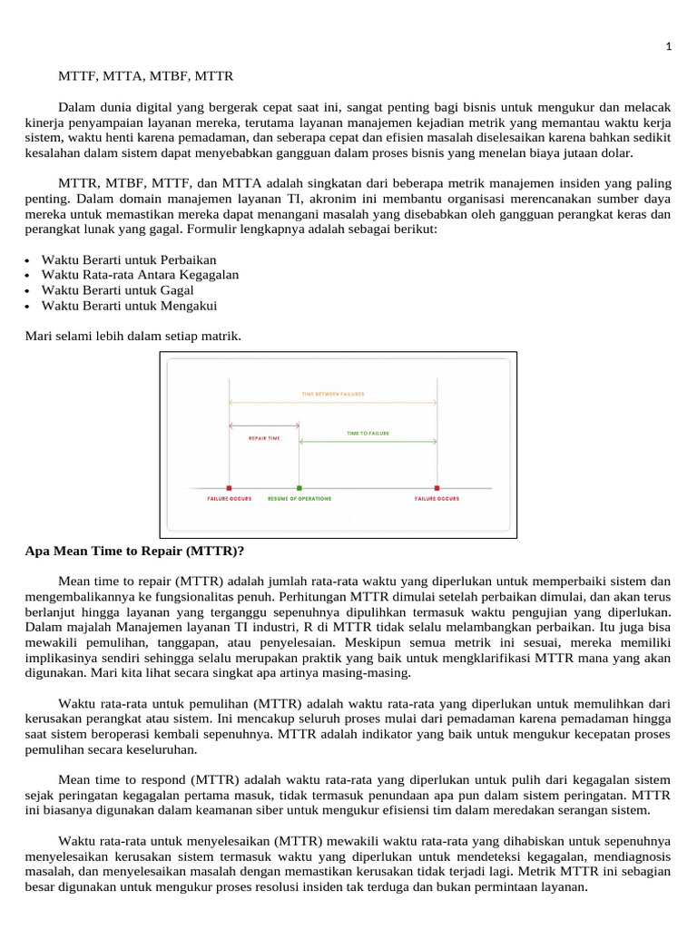 MTTF, Mtta, MTBF, MTTR | PDF