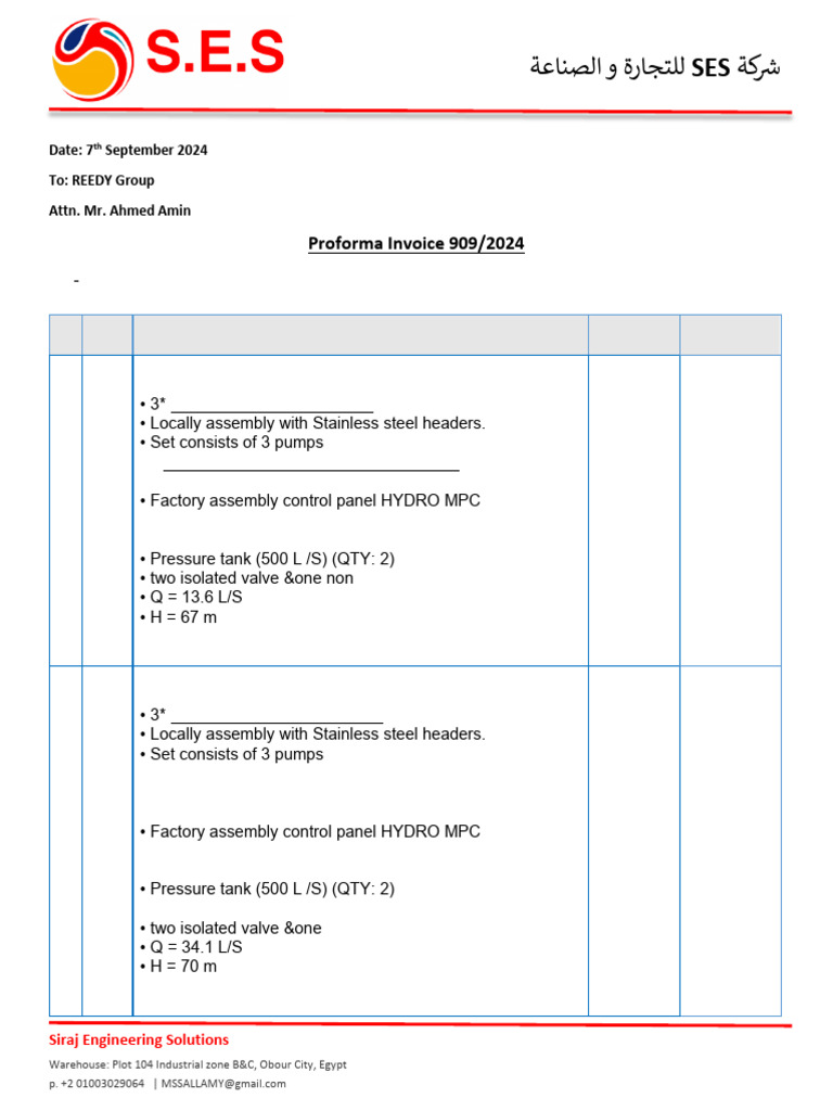 SES_Proforma_Invoice 909-2024 | PDF | Energy Technology | Mechanical ...