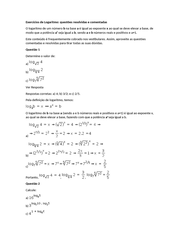 Exercícios de Logaritmo e Função Logaritmo | PDF | Logaritmo ...