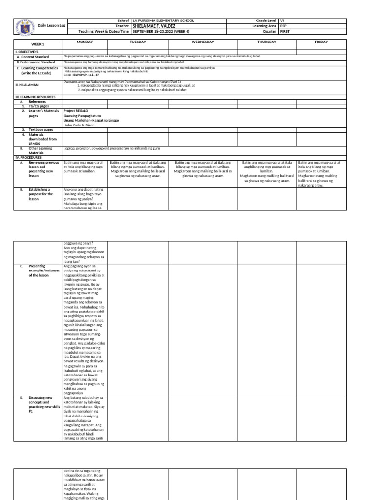 GRADE 6 Q1 Wk4 ESP | PDF