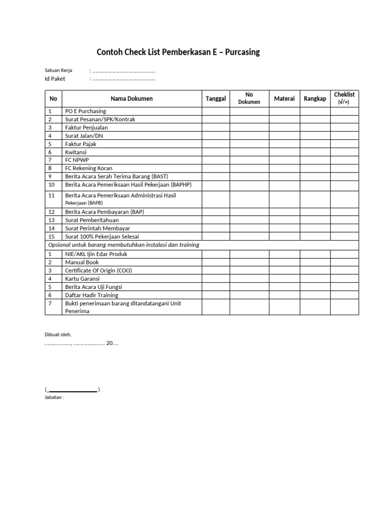 Contoh Check List Pemberkasan ECatalog | PDF