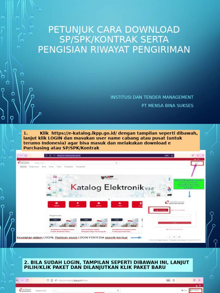 Petunjuk Download SP - SPK - Kontrak Dan Pengisian Riwayat Kirim E Catalog | PDF