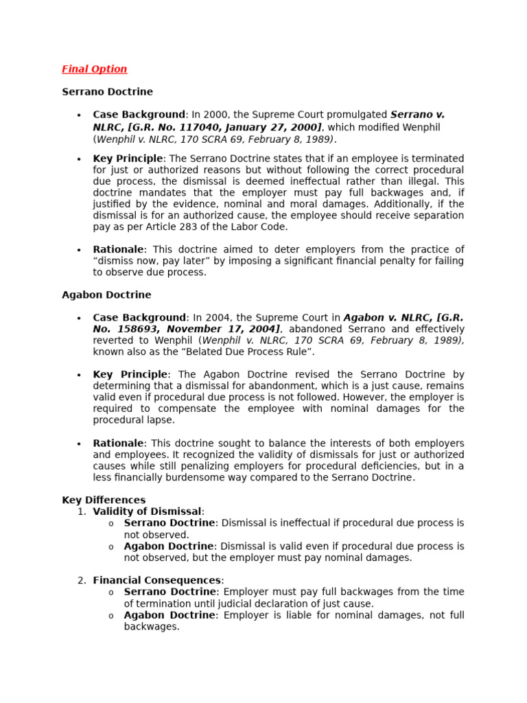 Serrano-Agabon Doctrine Differentiate | PDF | Employment | Labour Law