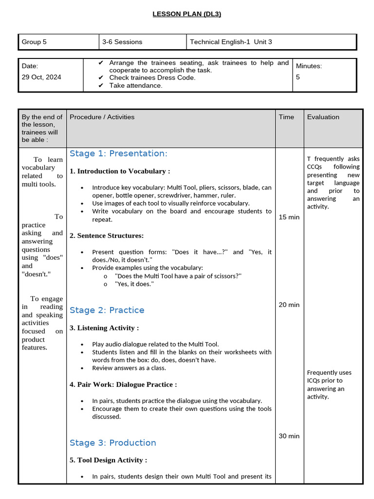 Lesson Plan-Technical English L-29-Oct | PDF | Vocabulary | Human ...