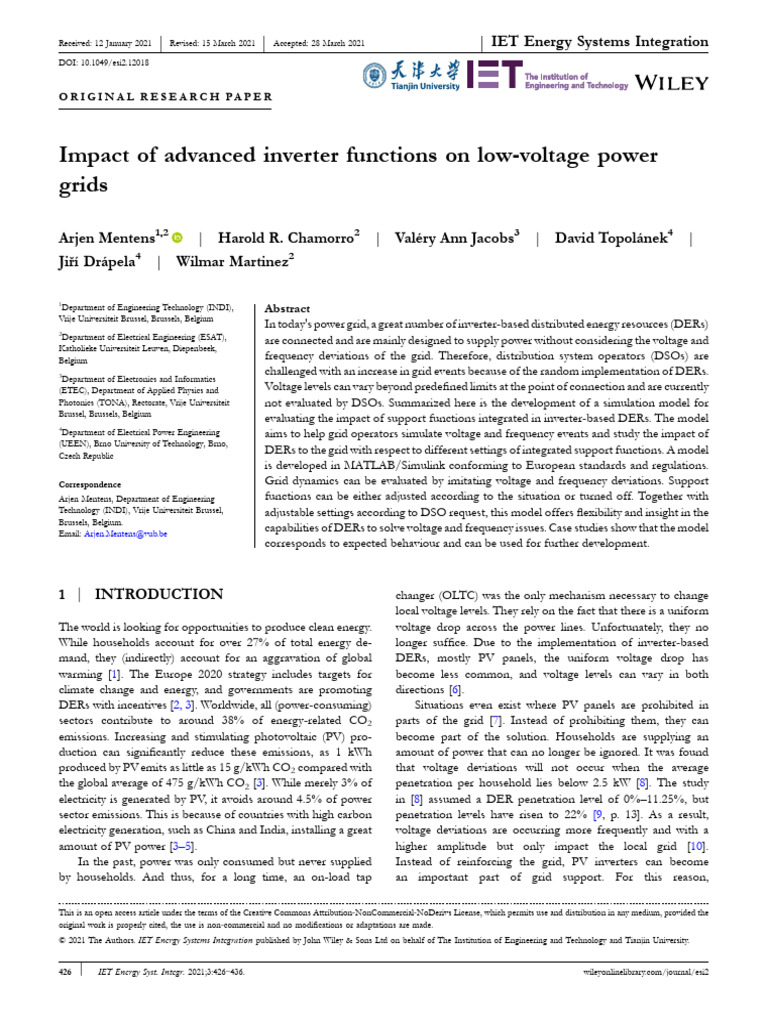 IET Energy Syst Integration - 2021 - Mentens - Impact of Advanced Inverter Functions On Low ...