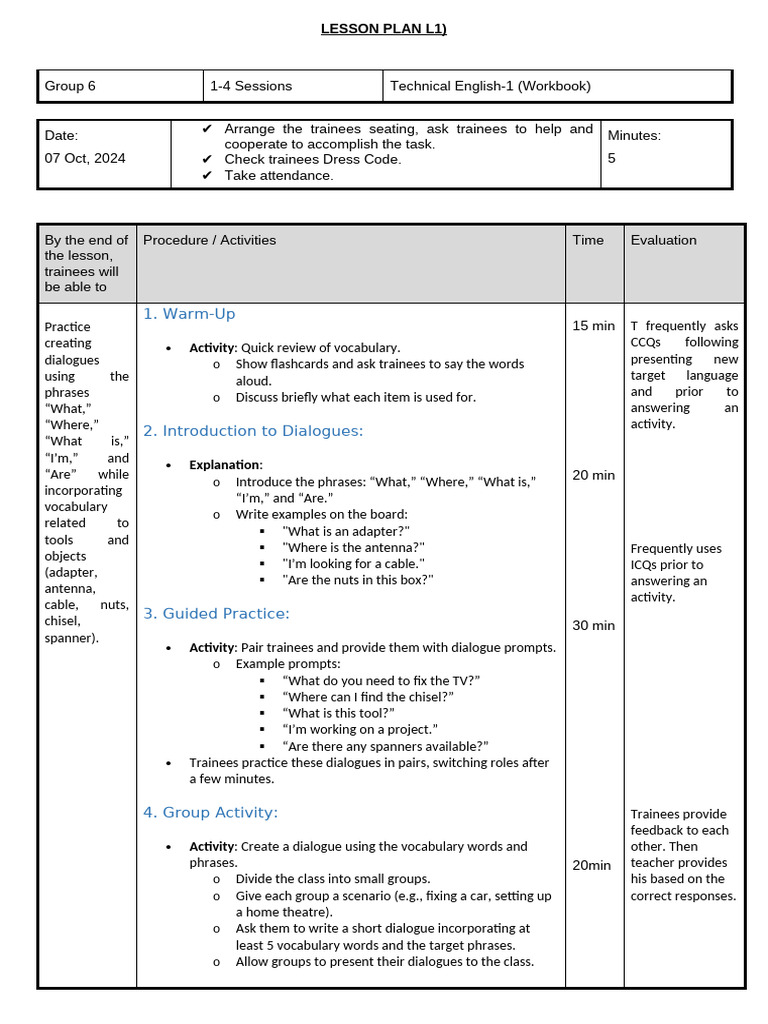Technical English Dialogue Lesson Plan | PDF | Behavior Modification ...