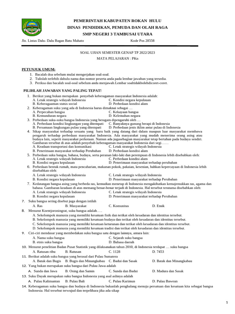 Soal Ujian PKn SMP: Keberagaman Indonesia | PDF