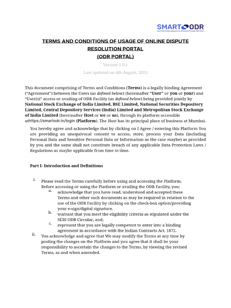 SMART ODR Terms and Conditions | PDF