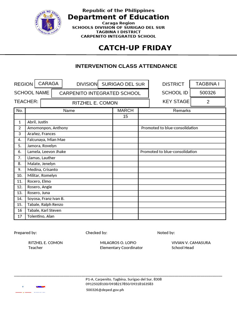 CATCH UP FRIDAY Class Attendance | PDF
