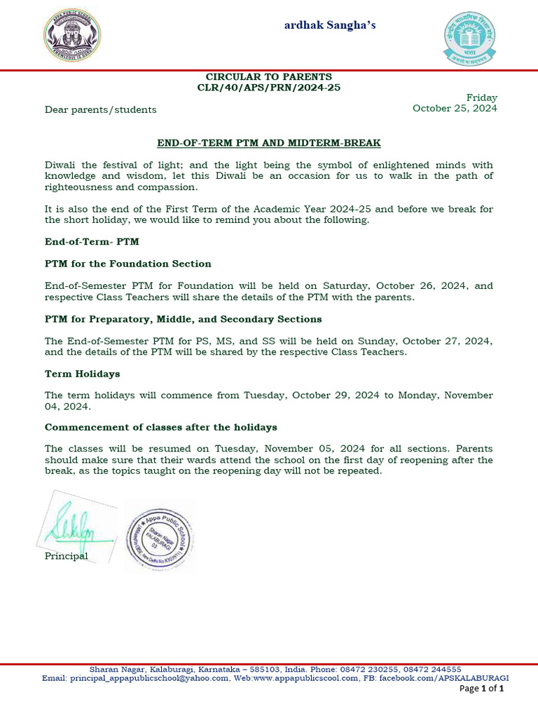 Clr-prnt-40-2024-25 - End of Term PTM and Short Break | PDF