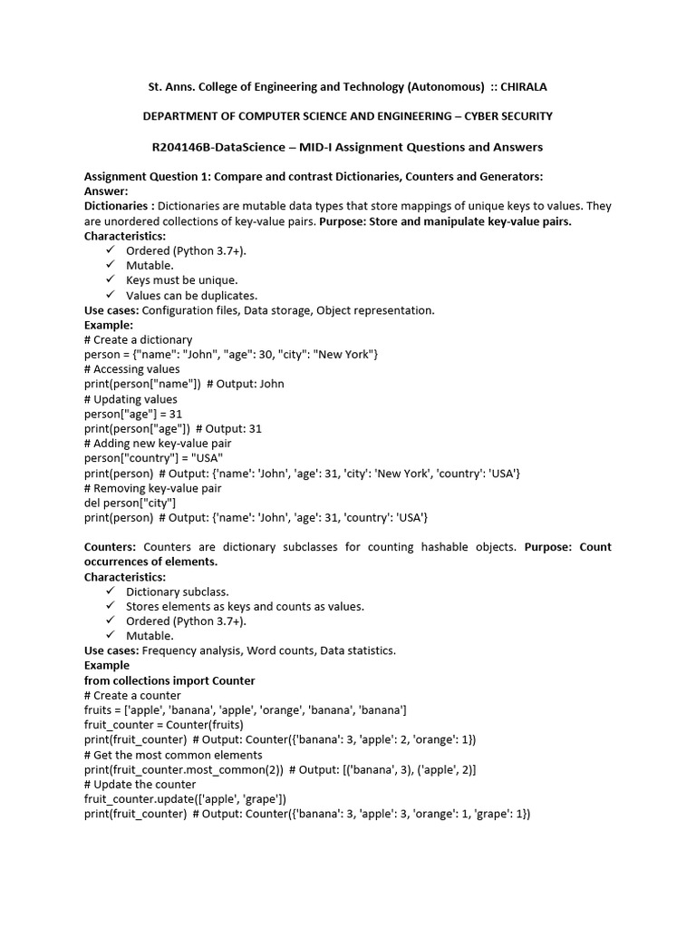 R204146B-DataScience MID-I Assignment Questions and Answers | PDF | Computer Programming ...
