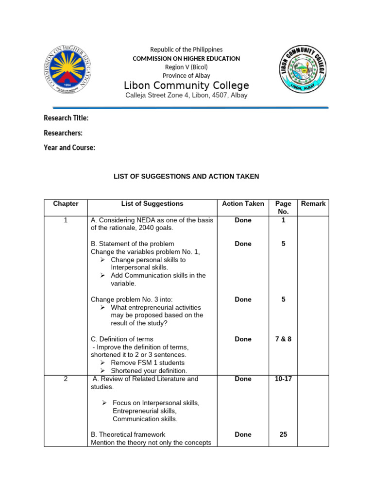 LIst-of-Suggestions-and-Action-Taken_111222 | PDF | Methodology