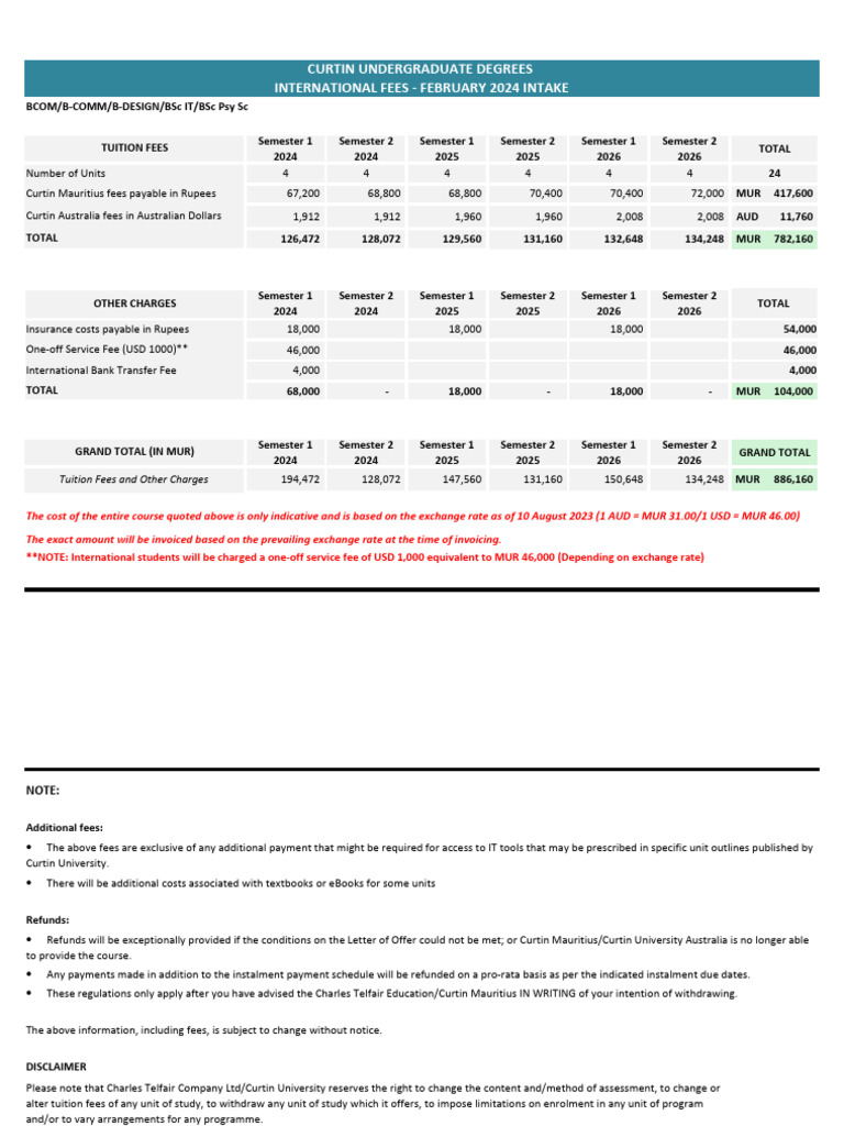 Curtin International Fees 2024-2026 | PDF | Payments