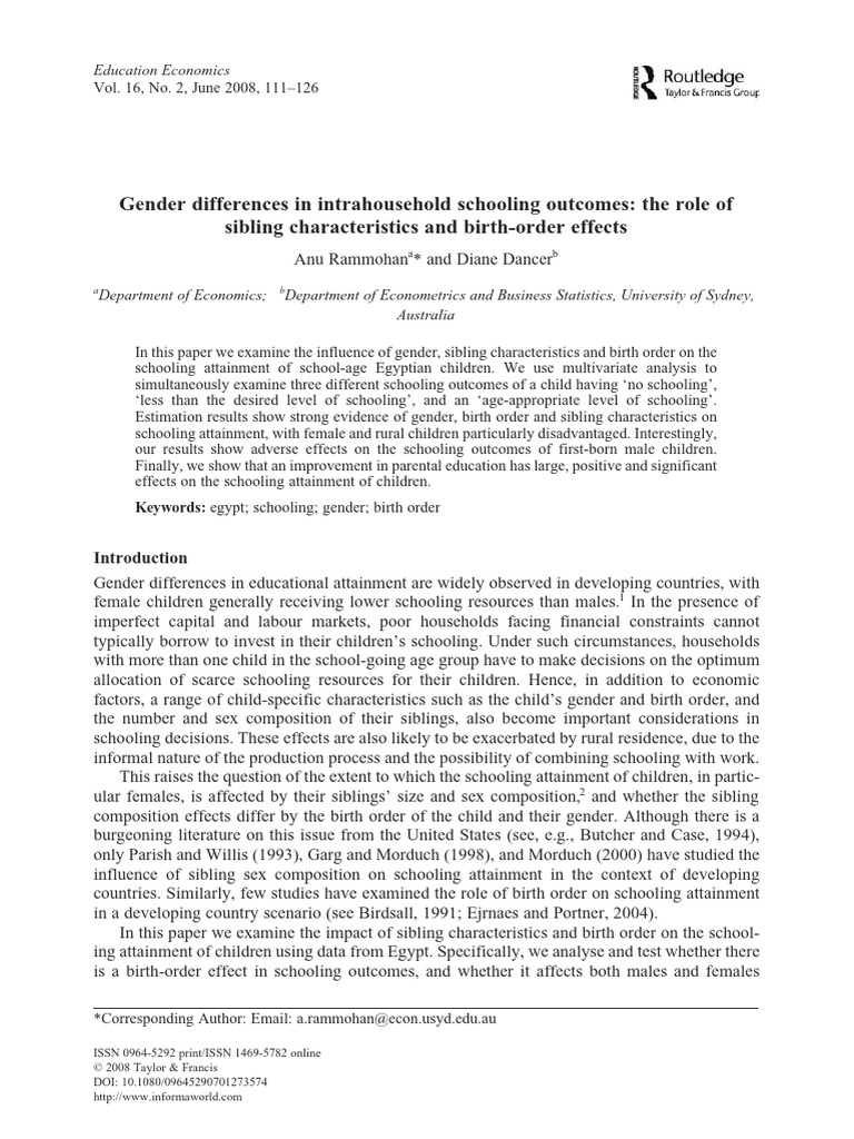 Gender Differences in Intrahousehold Schooling Outcomes The Role of Sibling Characteristics and ...